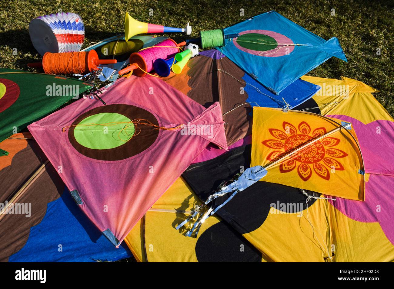 Sankranti kites patang flying outdoors. Colorful kites during kite ...