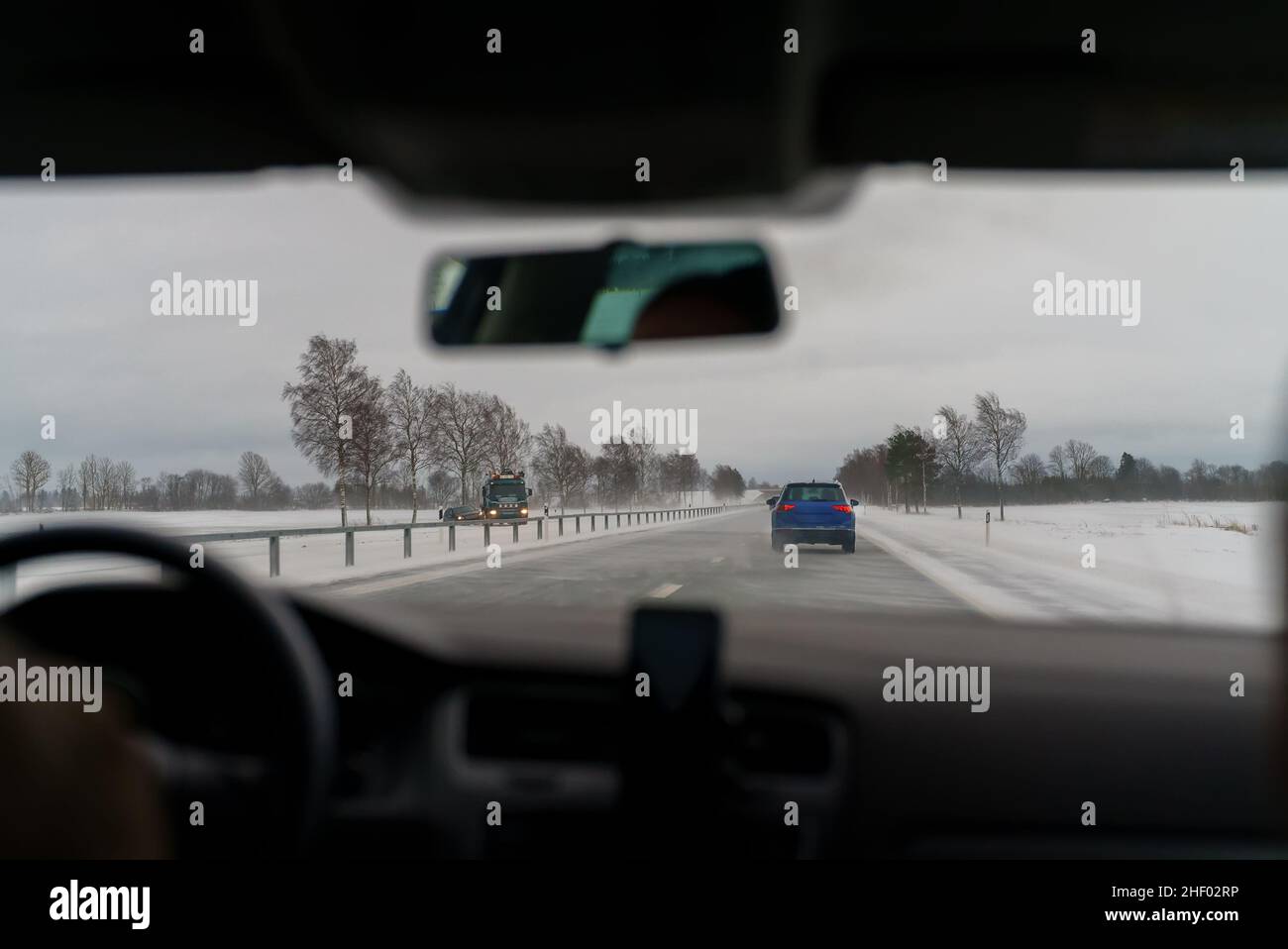 Car went off the slippery road. Difficult weather conditions on the ...