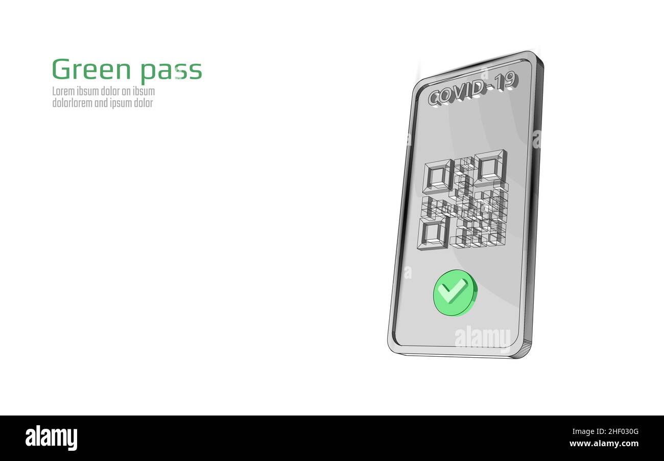 COVID-19 Green Pass QR-code 3D concept. Phone app screen health ...