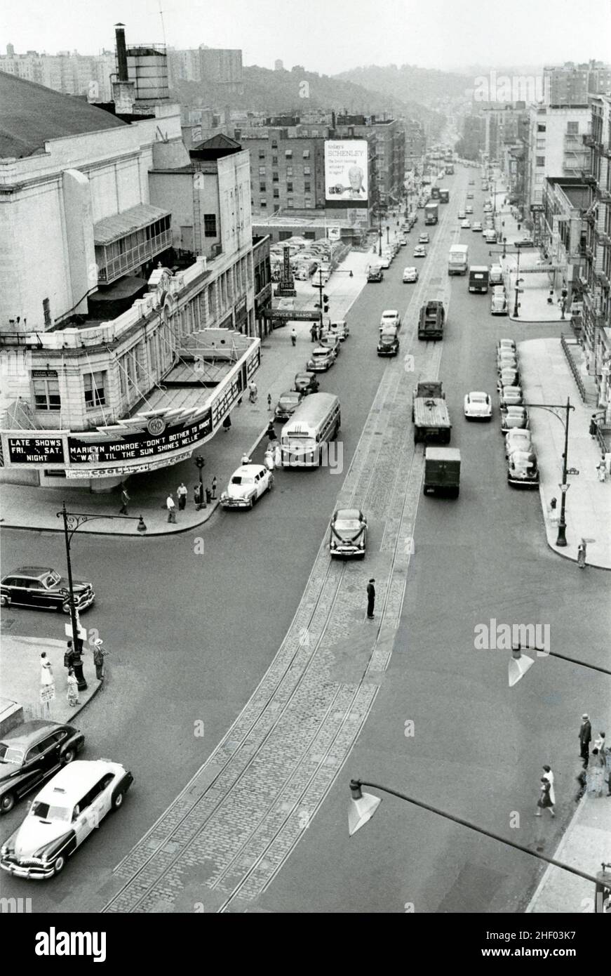 Aerial view of Broadway looking north from 181st St. filled with cars ...
