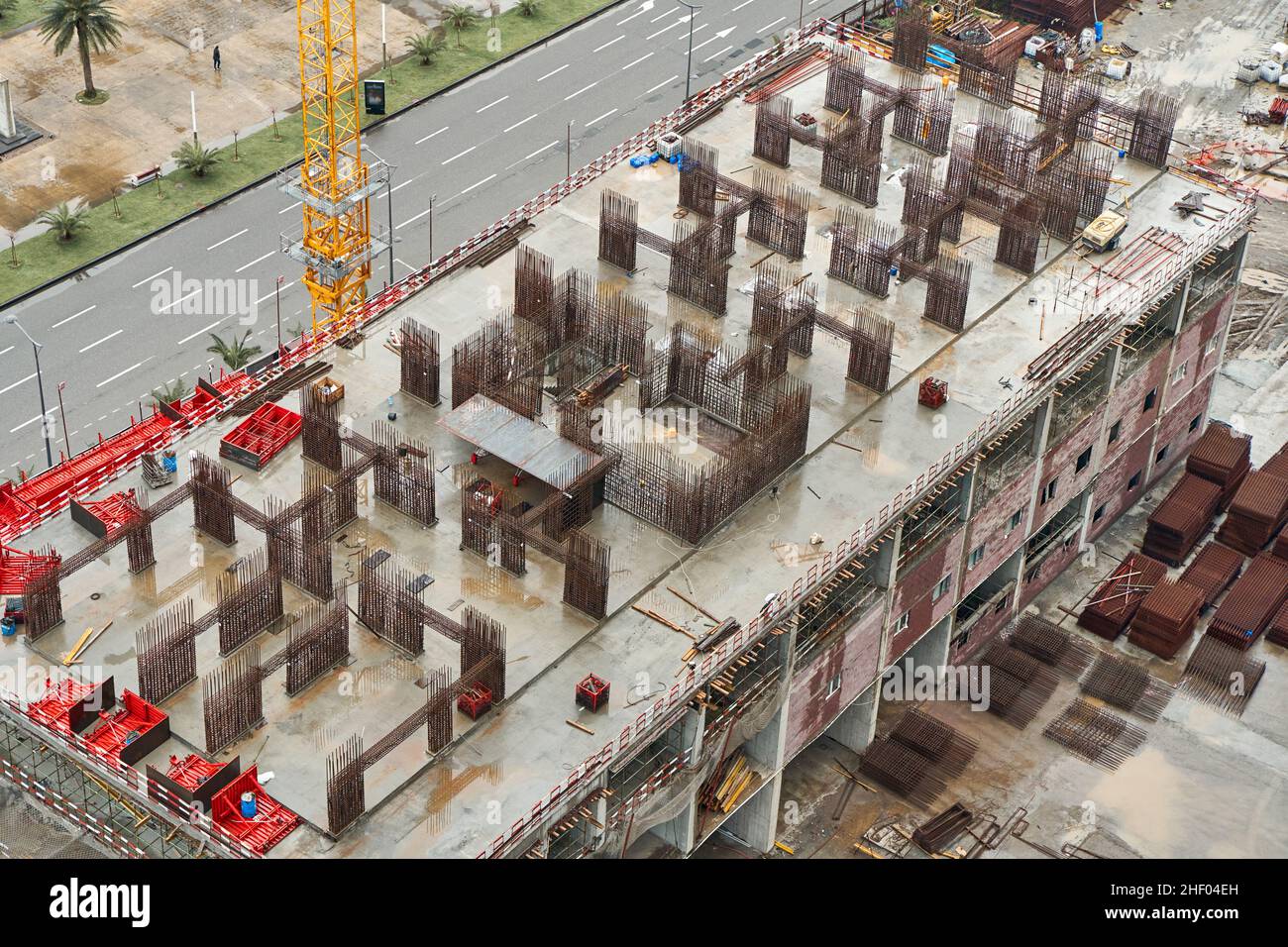 Construction site top view. Early stage of the construction of a high ...