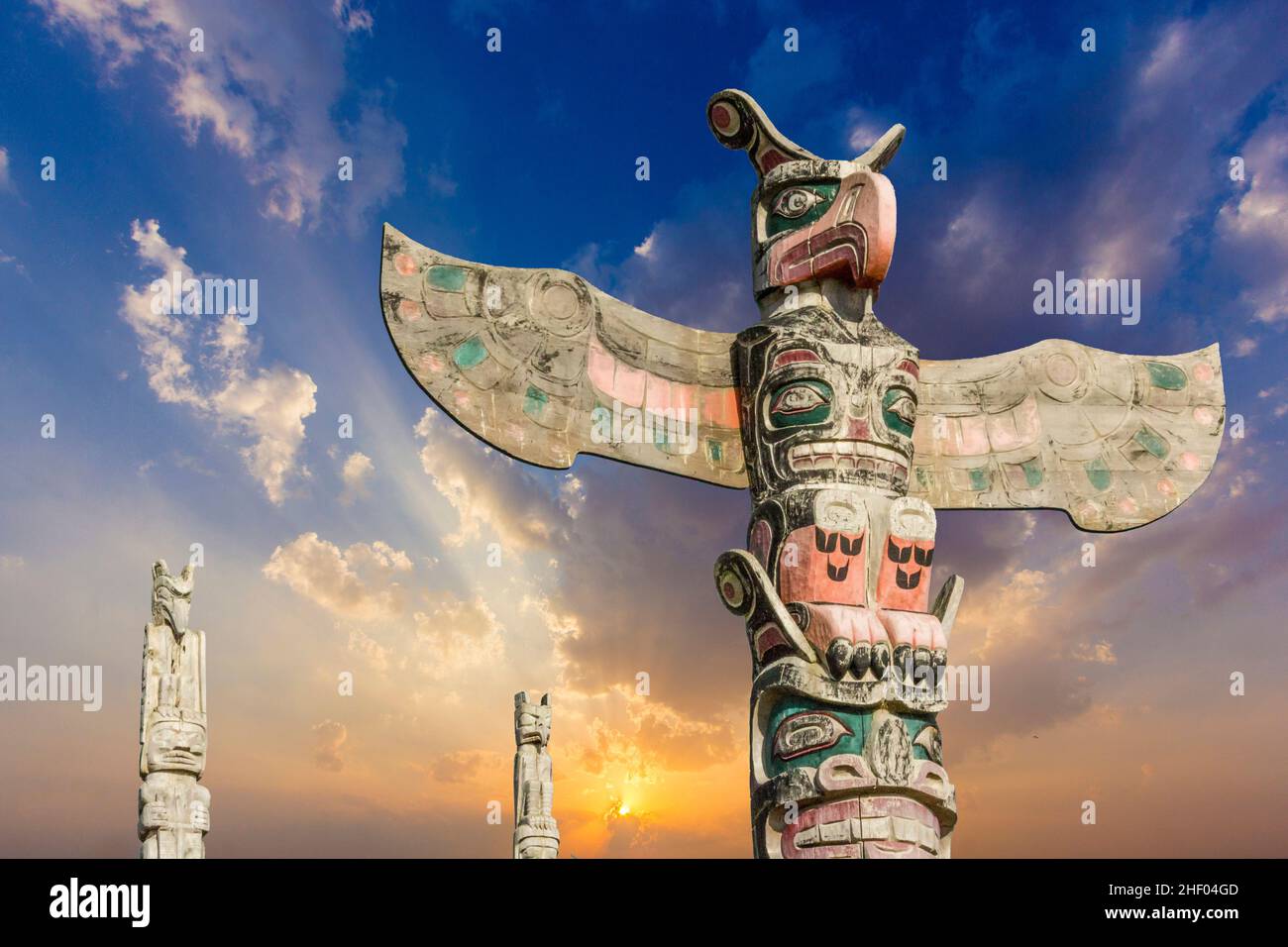 old traditional wooden totem masks in Canada Stock Photo - Alamy