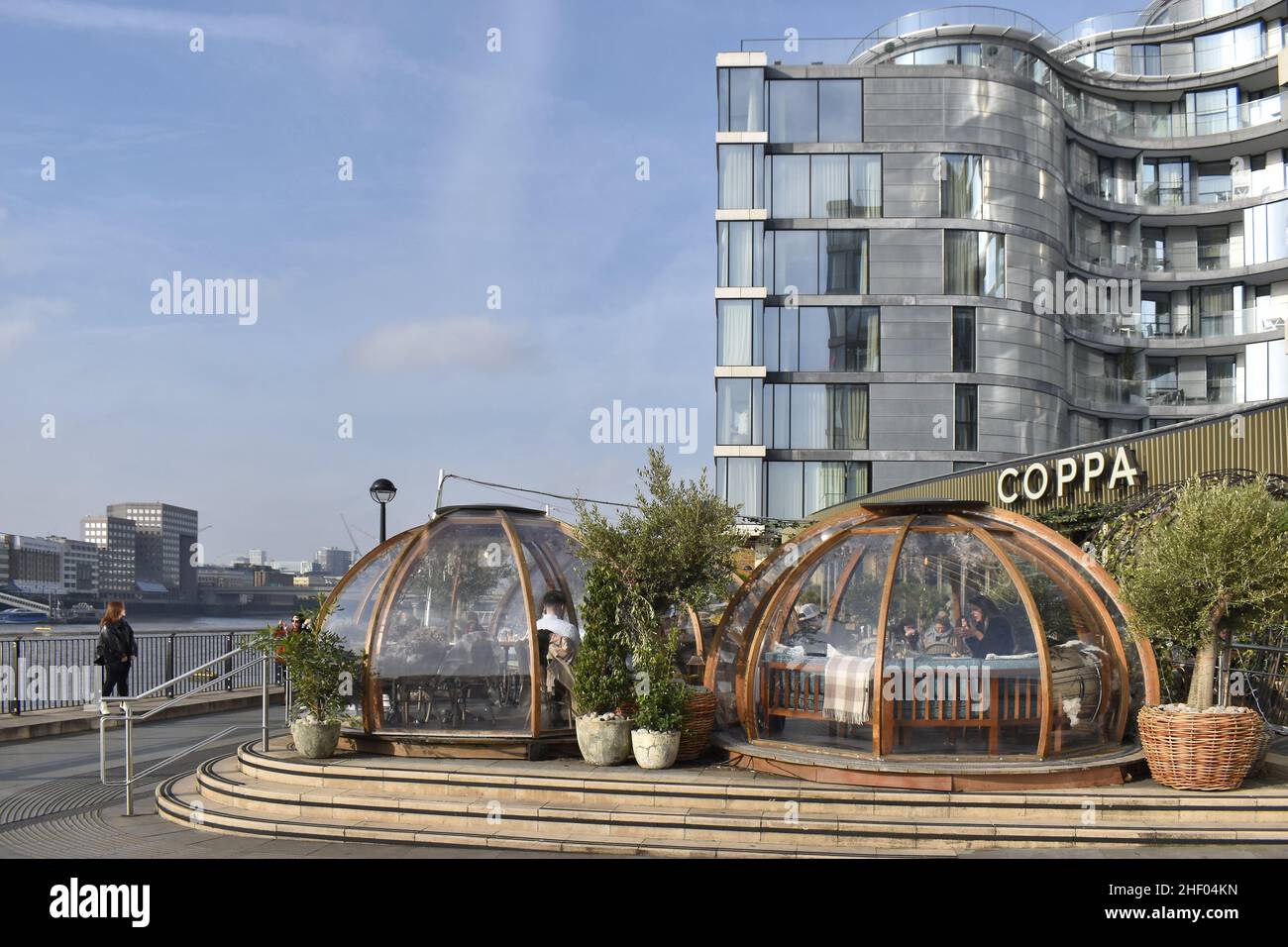 Coppa Club Tower Bridge restaurant, people dining inside glass capsules ...