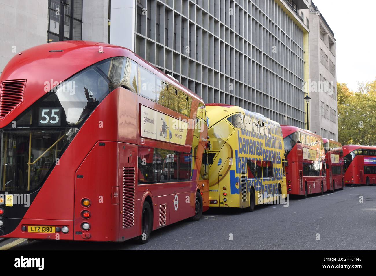Modern routemaster double-decker buses parked in Central London UK ...