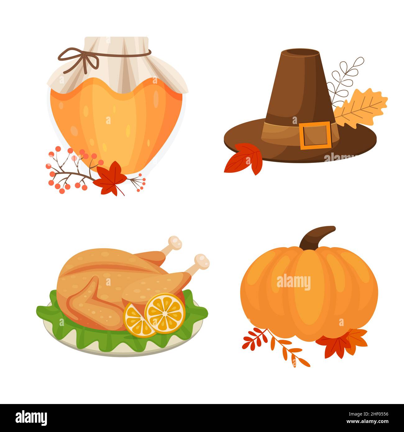 Set of cartoon icons for thanksgiving dinner, roast Turkey, pumpkin ...