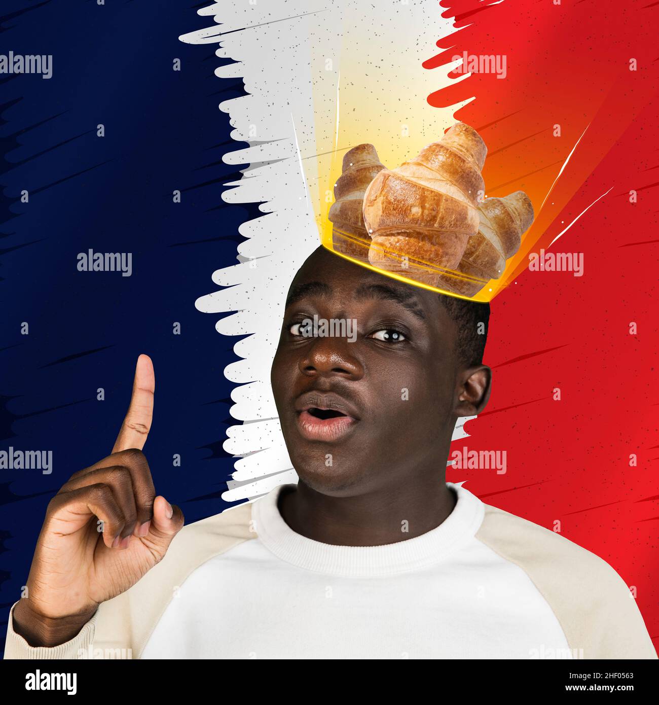 Surprised young man with delicious croissants in his head, dreams ...