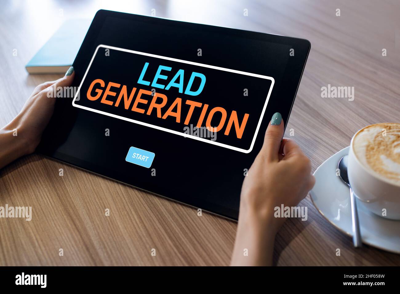 Lead generation start button on screen. Digital marketing and business ...