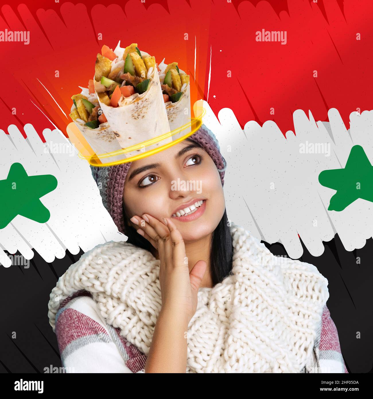 Smiling young girl with delicious doner donair kebab in her head ...