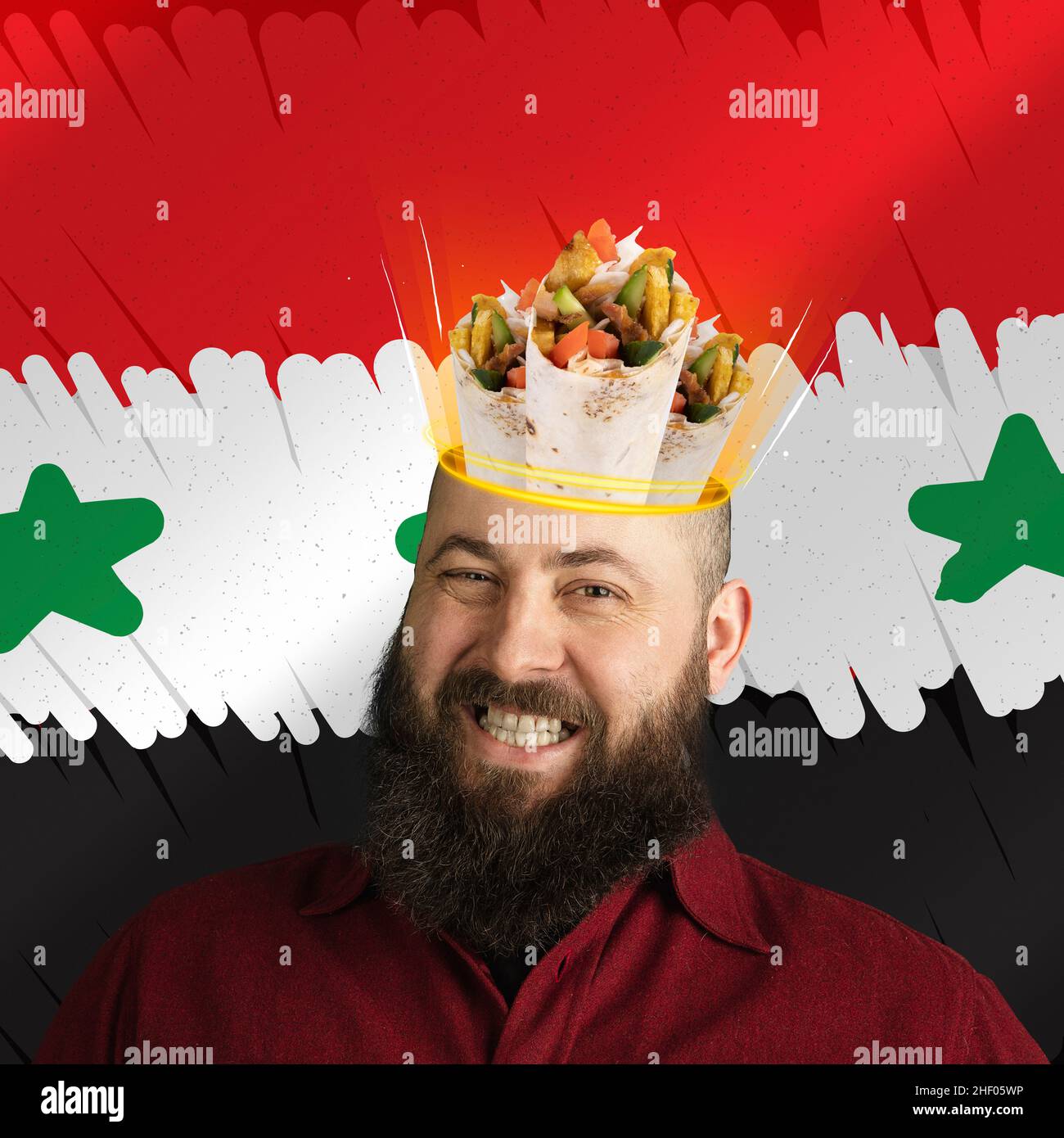 Smiling bearded man with delicious doner donair kebab in his head ...