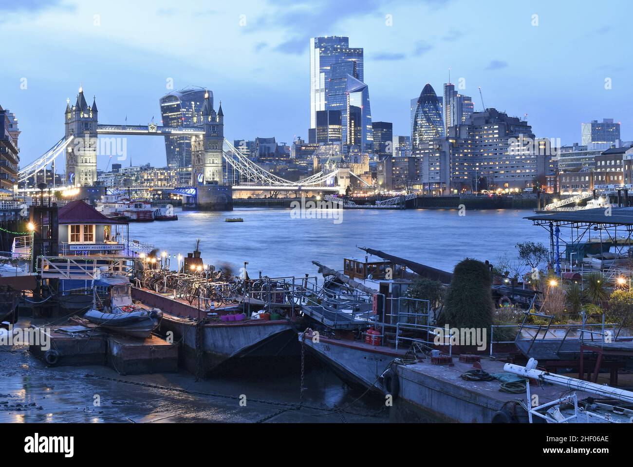 Modern landmarks skyline and river Thames at dusk viewed over ...