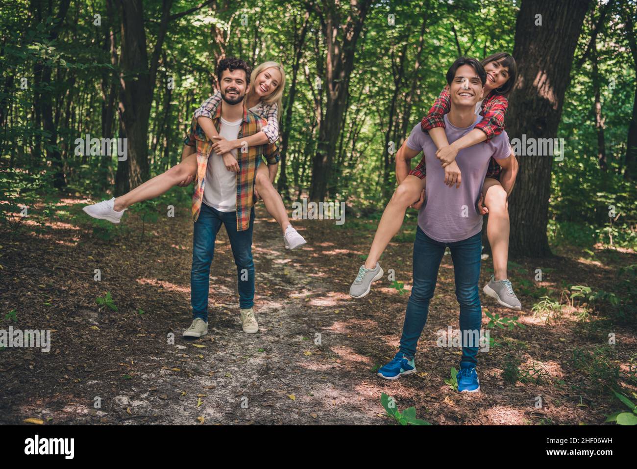 Photo of four people couple happy positive smile have fin piggyback ...