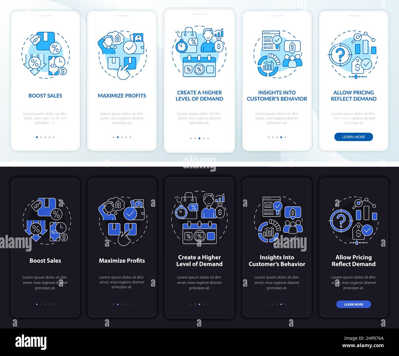 Dynamic pricing pros night and day mode onboarding mobile app screen ...