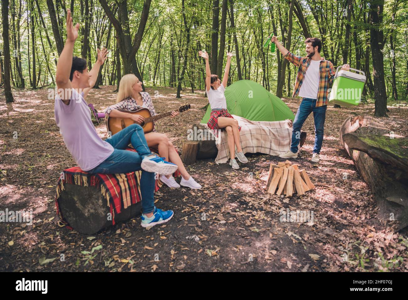 Photo of best friends happy positive smile have fun play guitar hiking ...