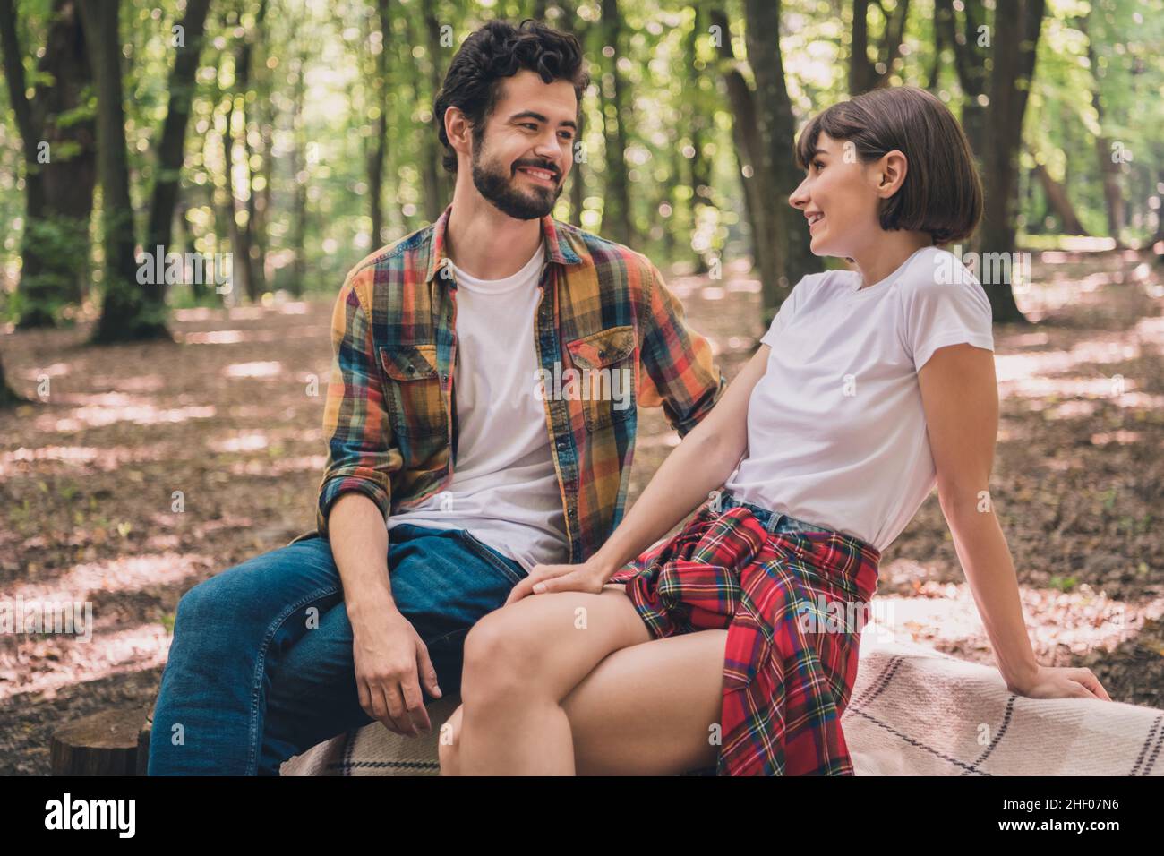 Portrait of attractive cheerful two people traveling exploring wild ...