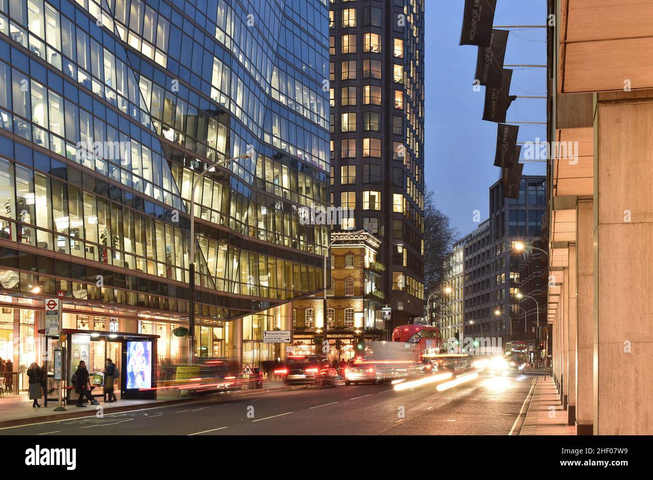 Modern office buildings and driveway illuminated at dusk, Victoria ...