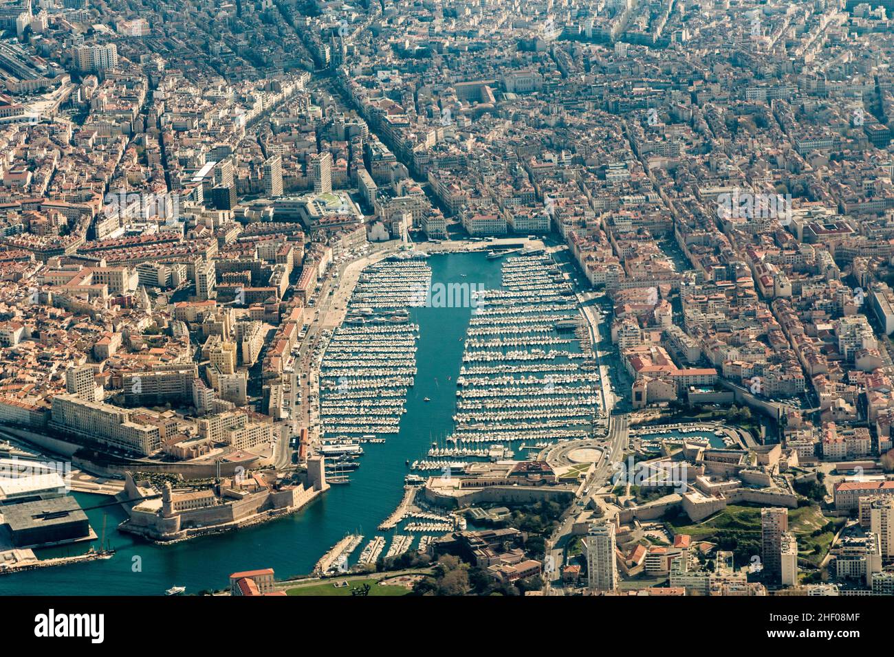 aerial of Marseilles harbor and old town from the aircraft Stock Photo ...