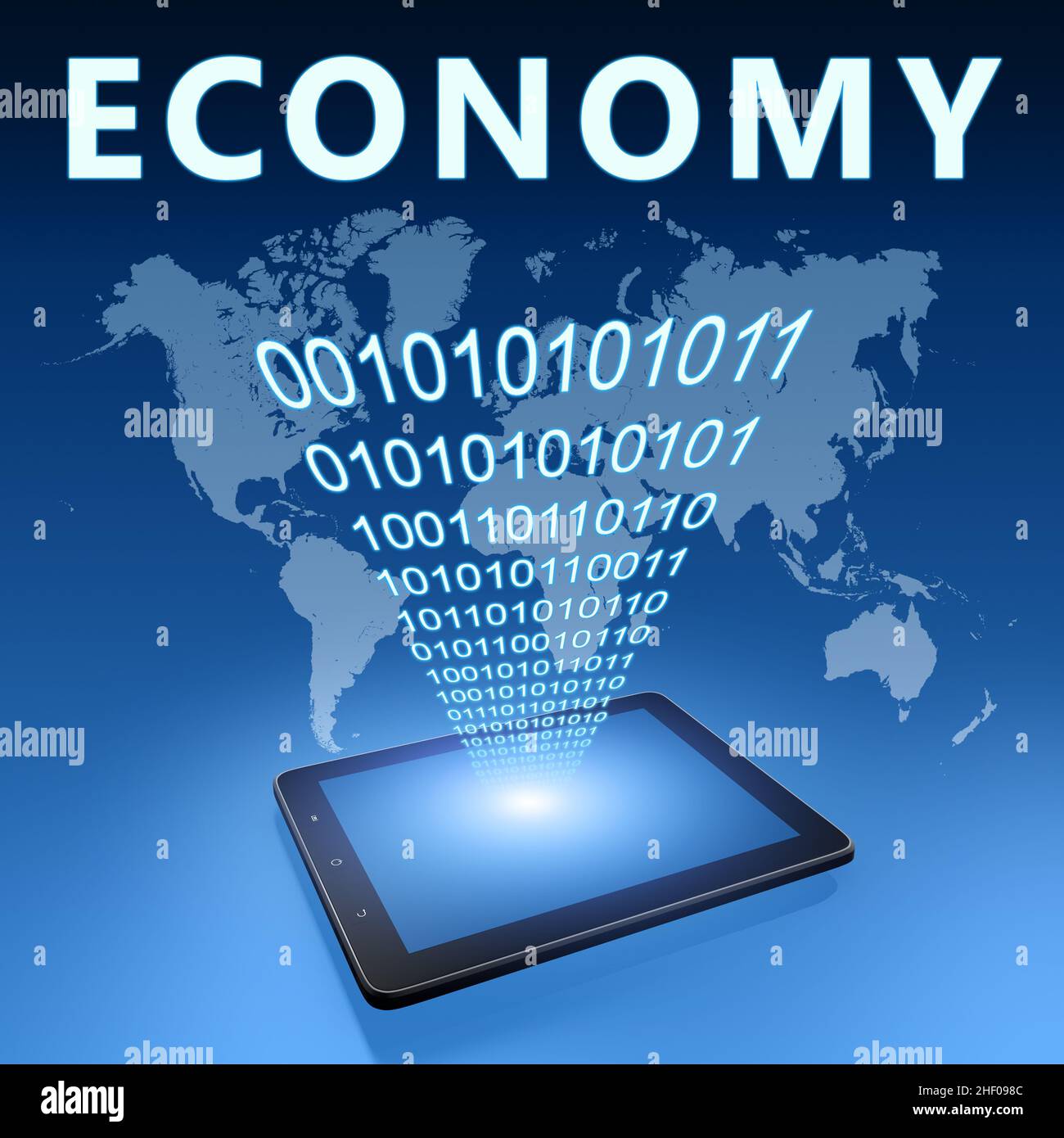 Economy - text concept with tablet computer on blue wolrd map ...