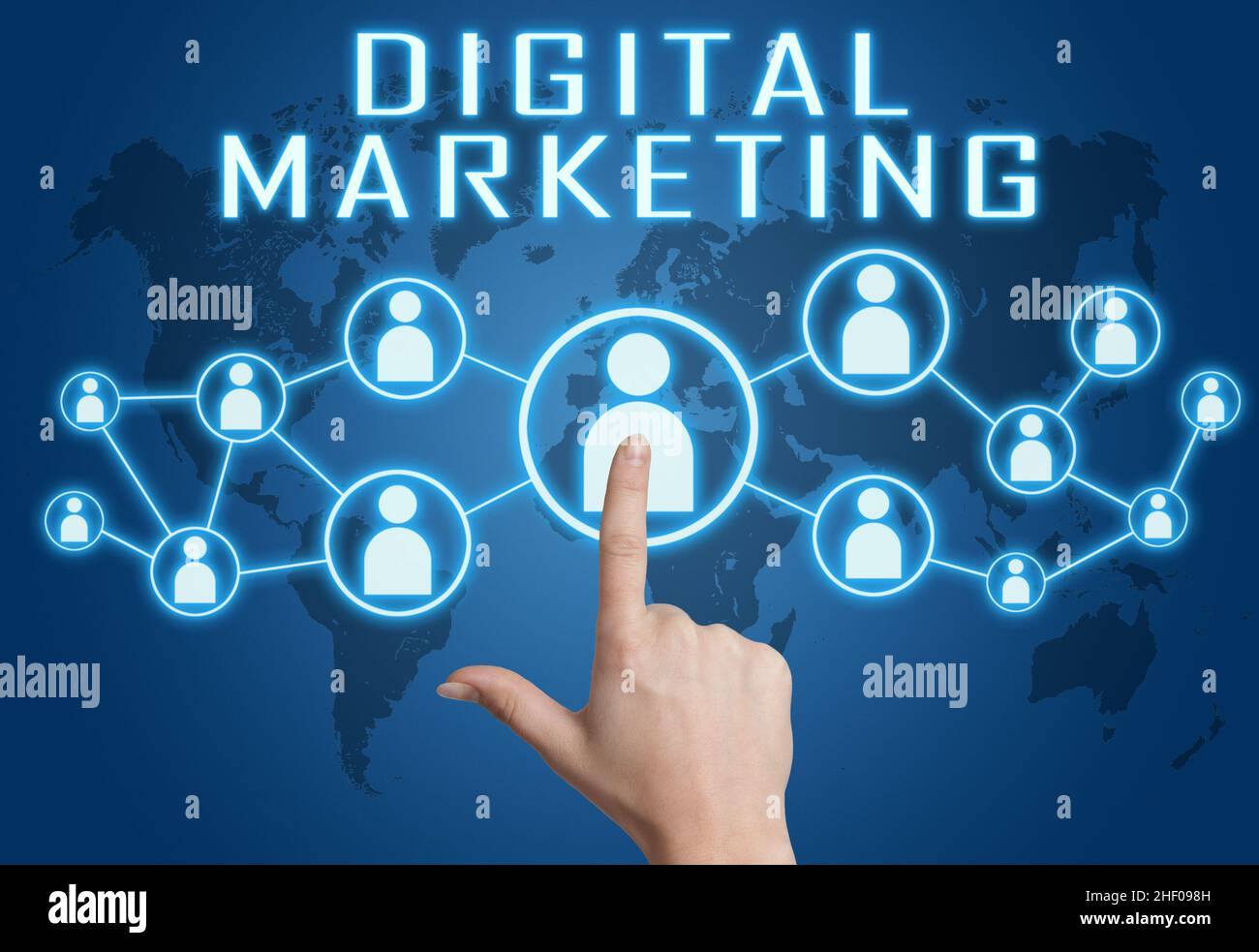 Digital Marketing - text concept with hand pressing social icons on ...