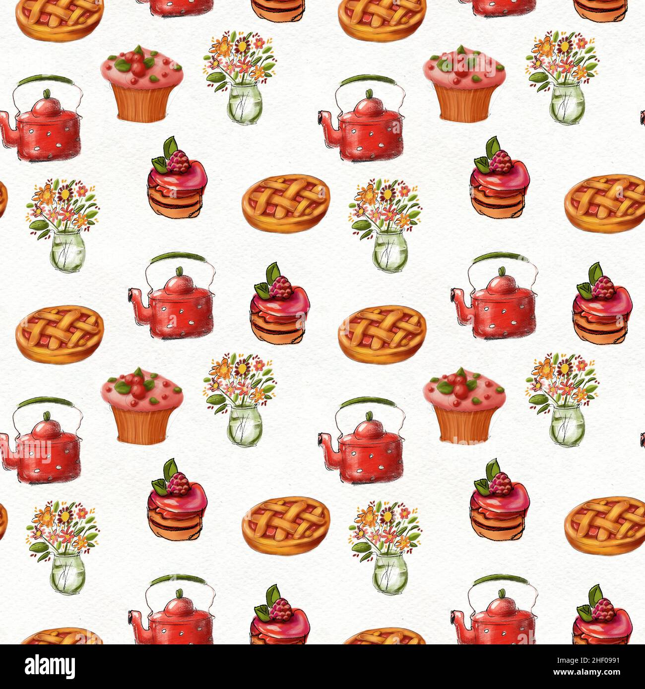 Seamless hand drawn pattern. Tea drinking illustration Stock Photo - Alamy