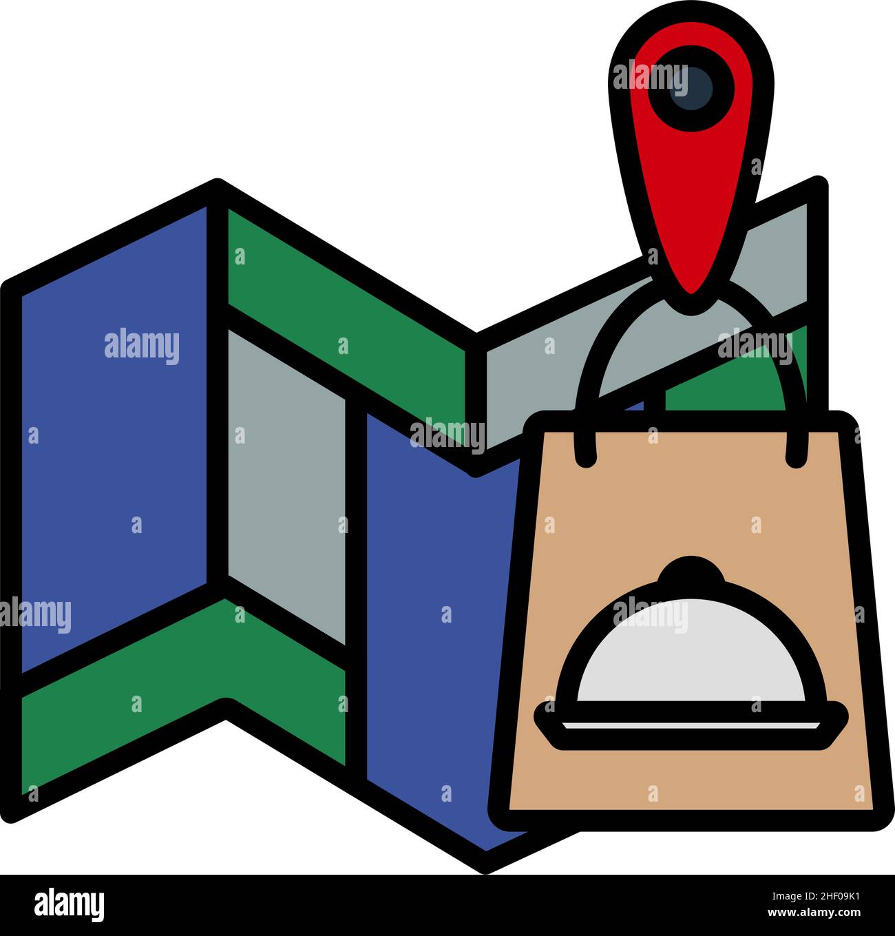 Map With Delivery Food Bag Icon. Editable Bold Outline With Color Fill ...