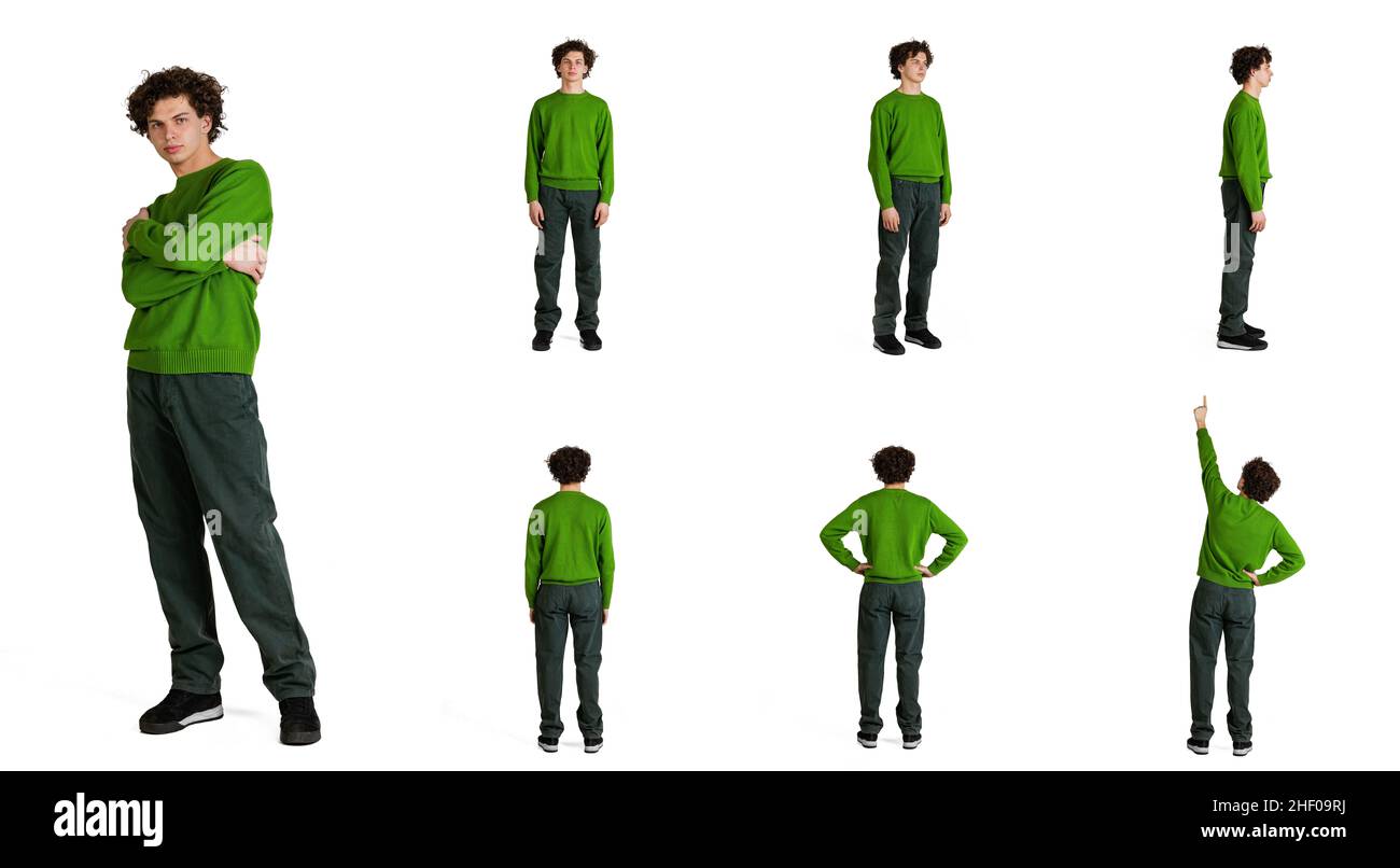 Collage of full-length portraits of young man in green sweater standing ...
