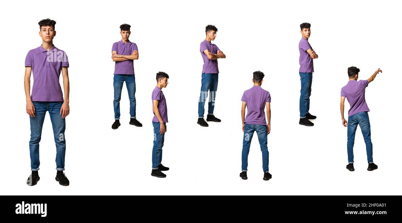 Collage. Full-length portraits of young boy, student posing in casual ...