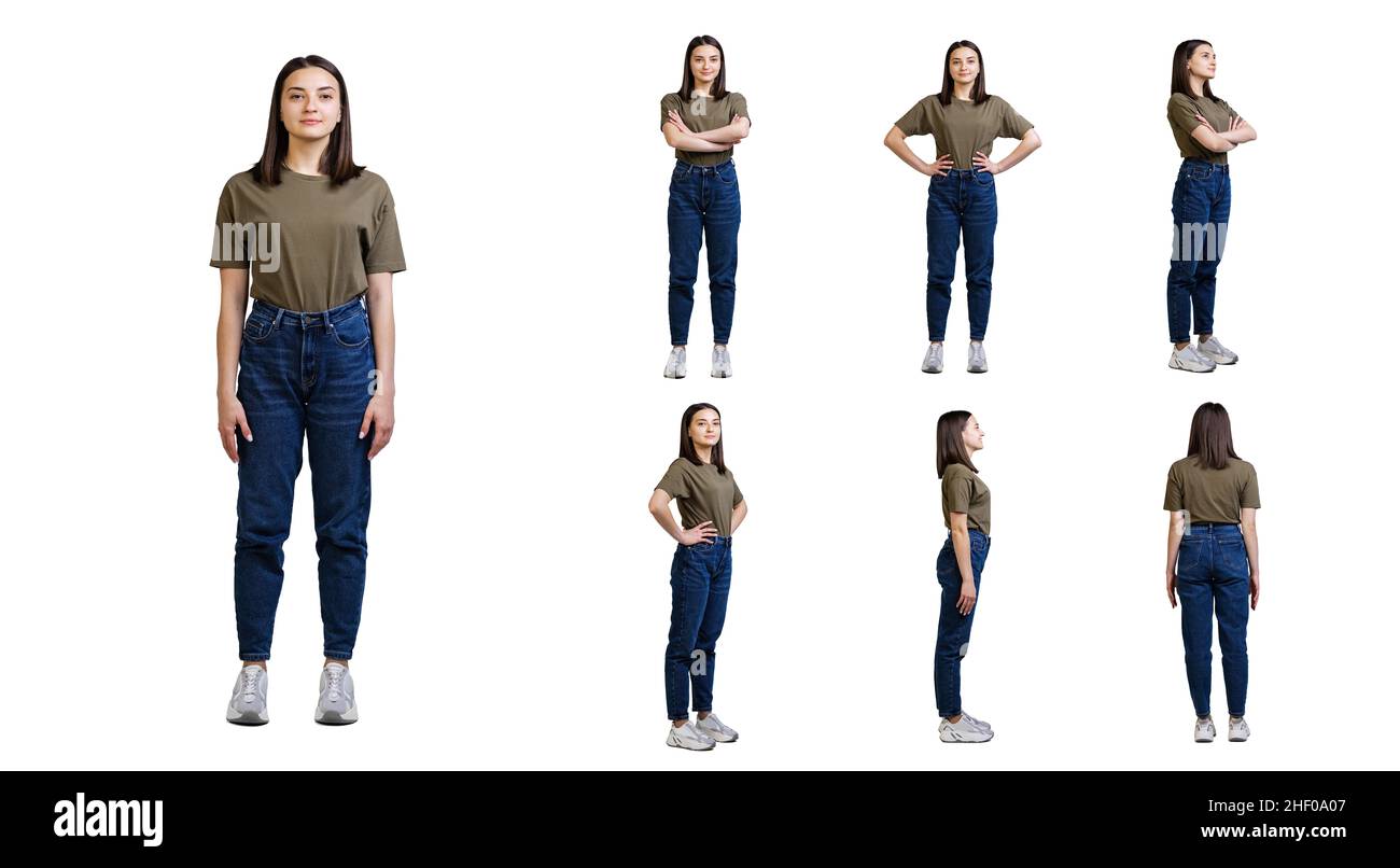 Collage. Full-length portraits of young beautiful girl posing in casual ...