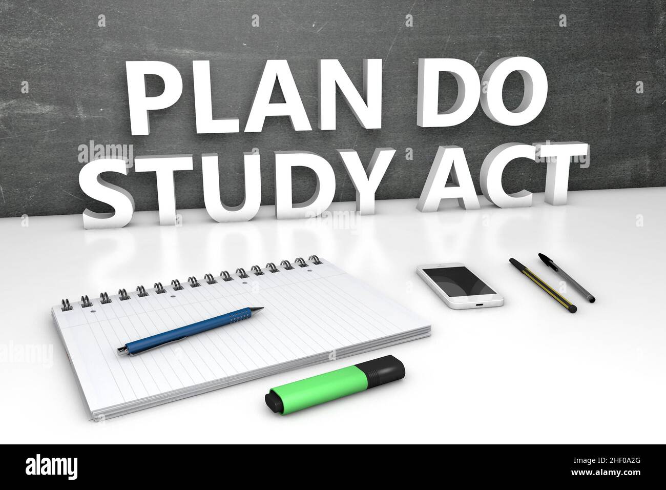 PDSA - Plan Do Study Act - text concept with chalkboard, notebook, pens ...