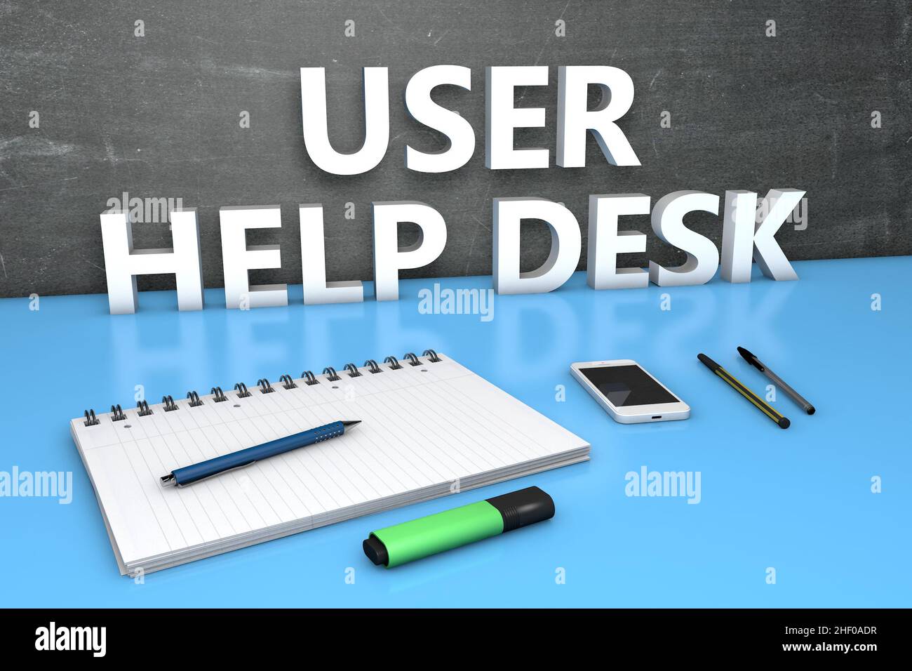 User Help Desk - text concept with chalkboard, notebook, pens and ...