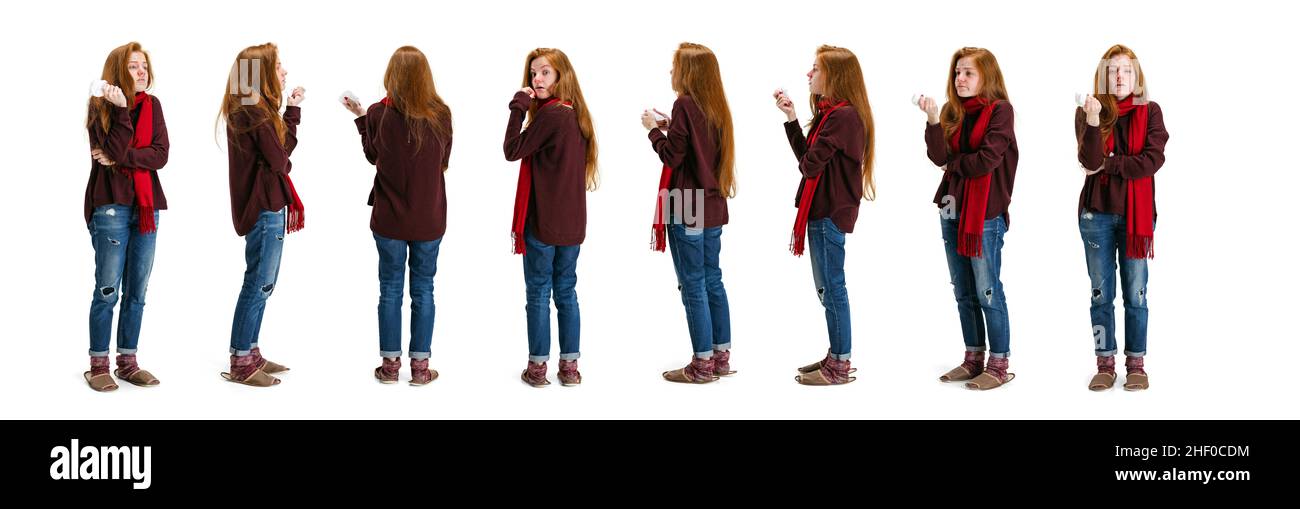 Collage. Full-length portraits of young girl having cold and flu ...