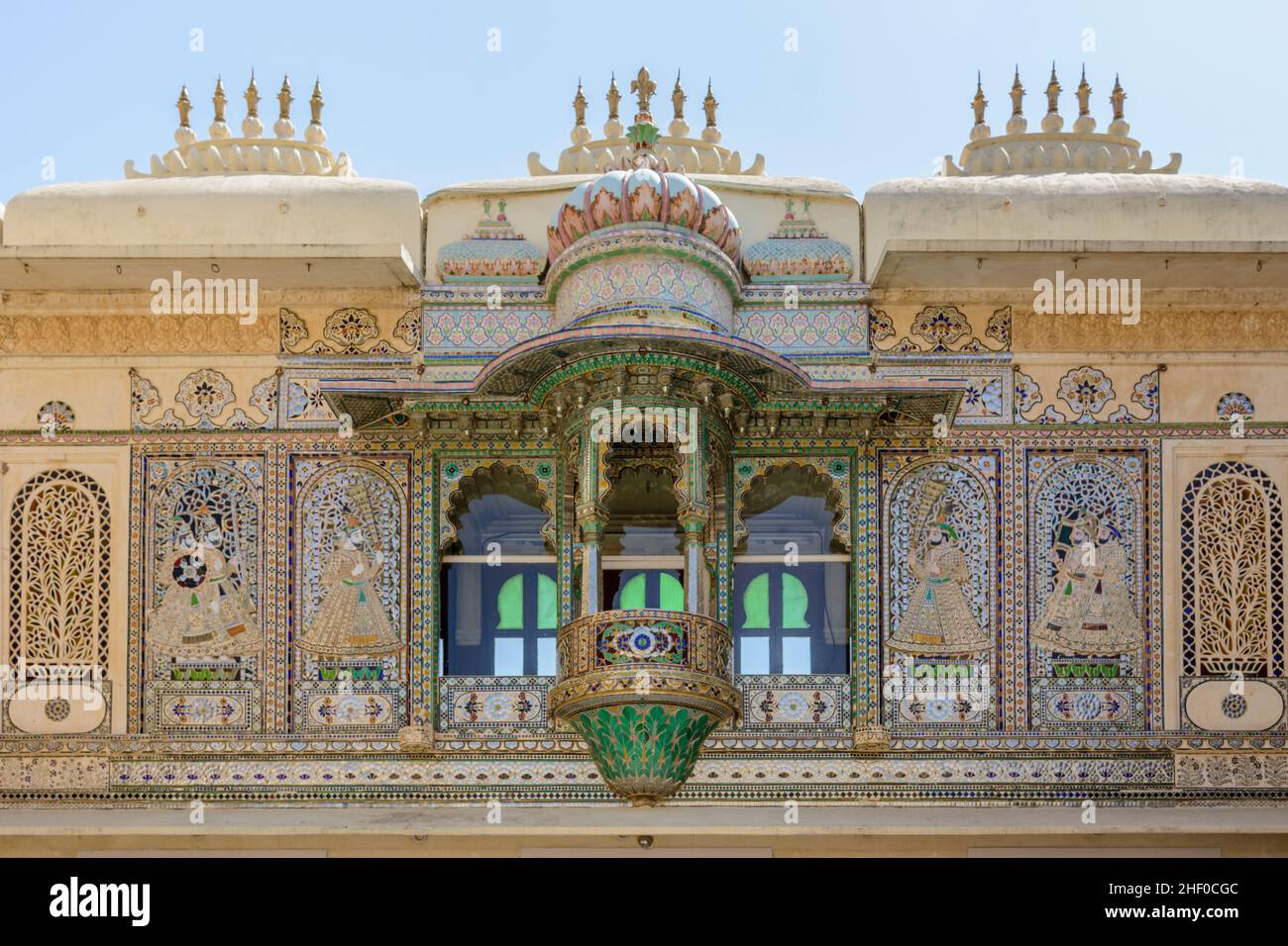 Elaborate architecture of buildings in the Udaipur City Palace Complex, Udaipur, Rajasthan ...