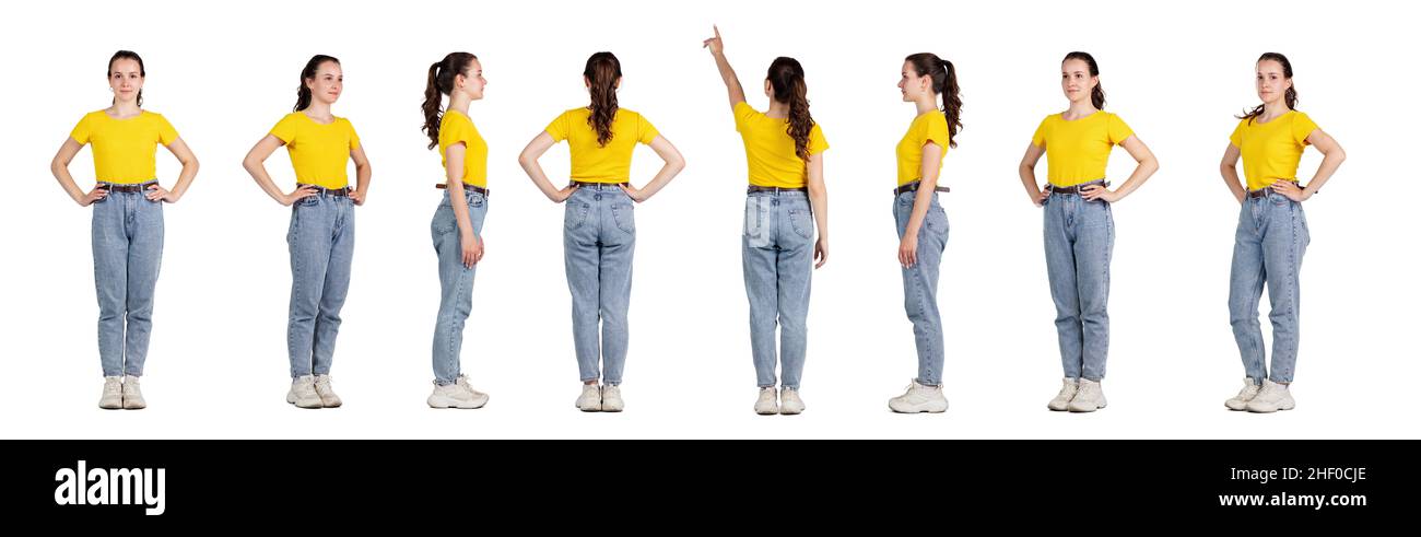 Collage. Full-length portraits of young beautiful girl posing in casual ...