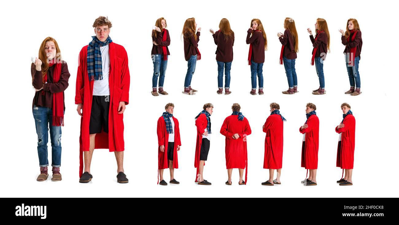Collage. Full-length portraits of young boy and girl having cold and ...