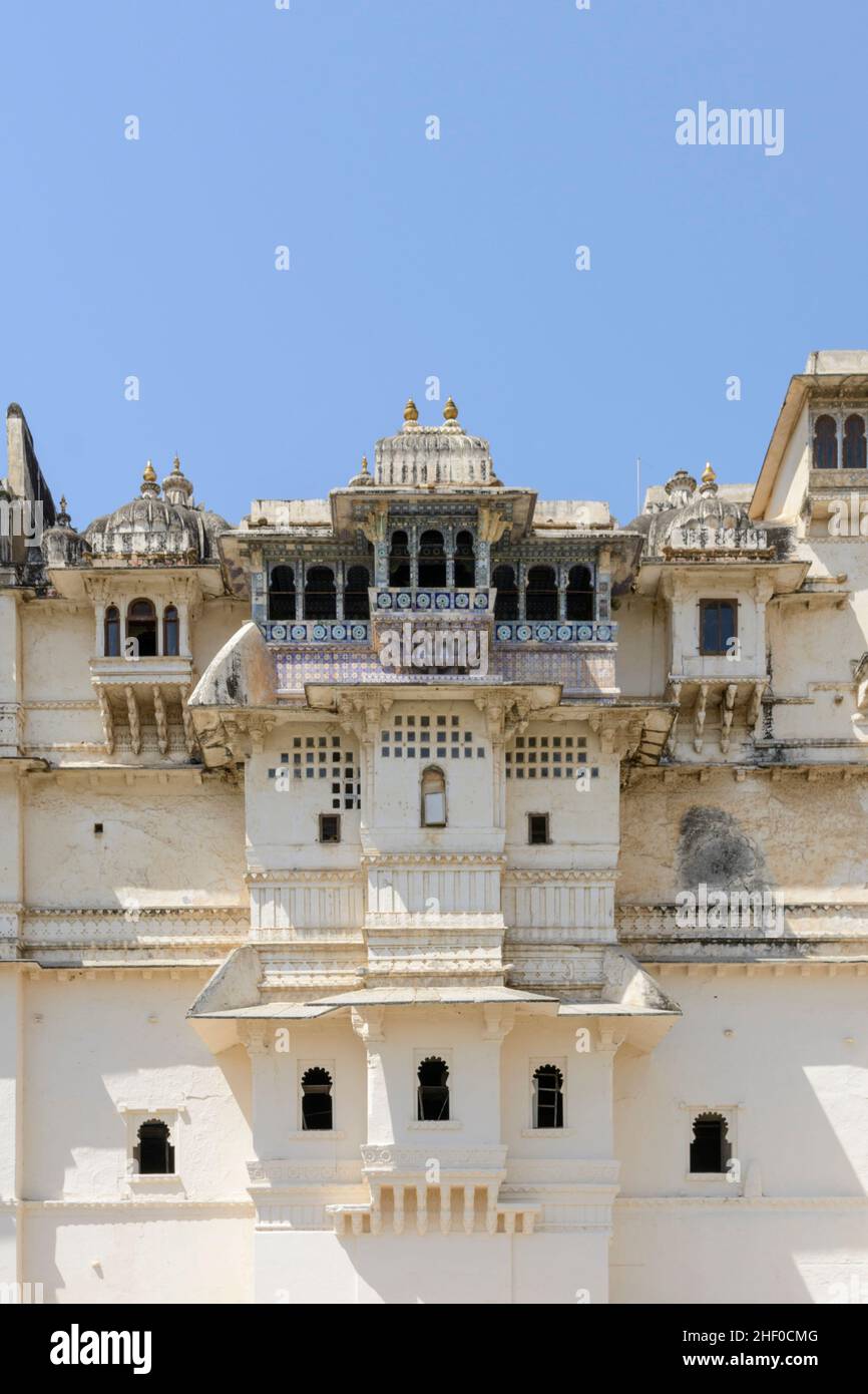 Elaborate architecture of buildings in the Udaipur City Palace Complex ...