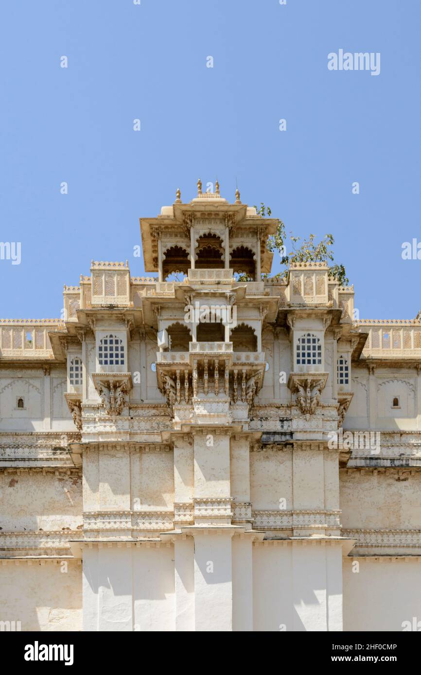 Elaborate architecture of buildings in the Udaipur City Palace Complex ...
