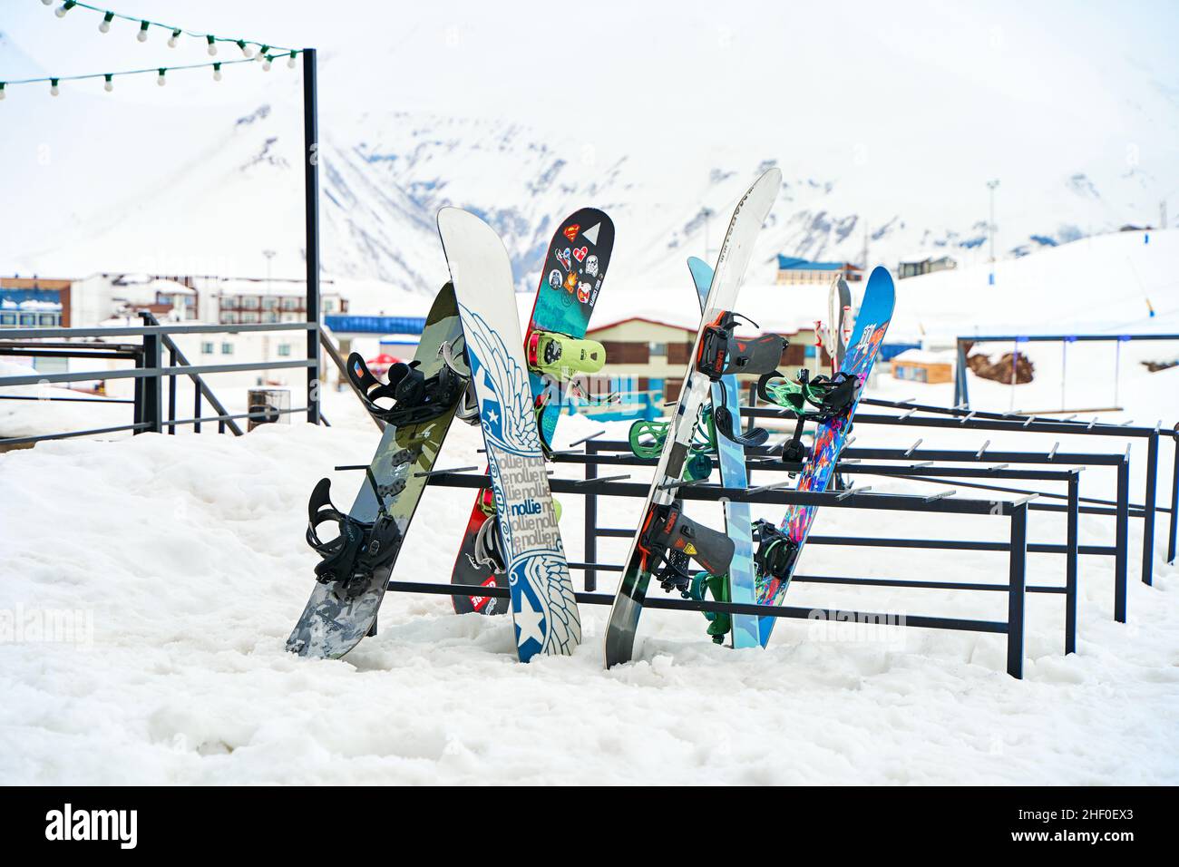Many snowboards skis stand in hi-res stock photography and images - Alamy