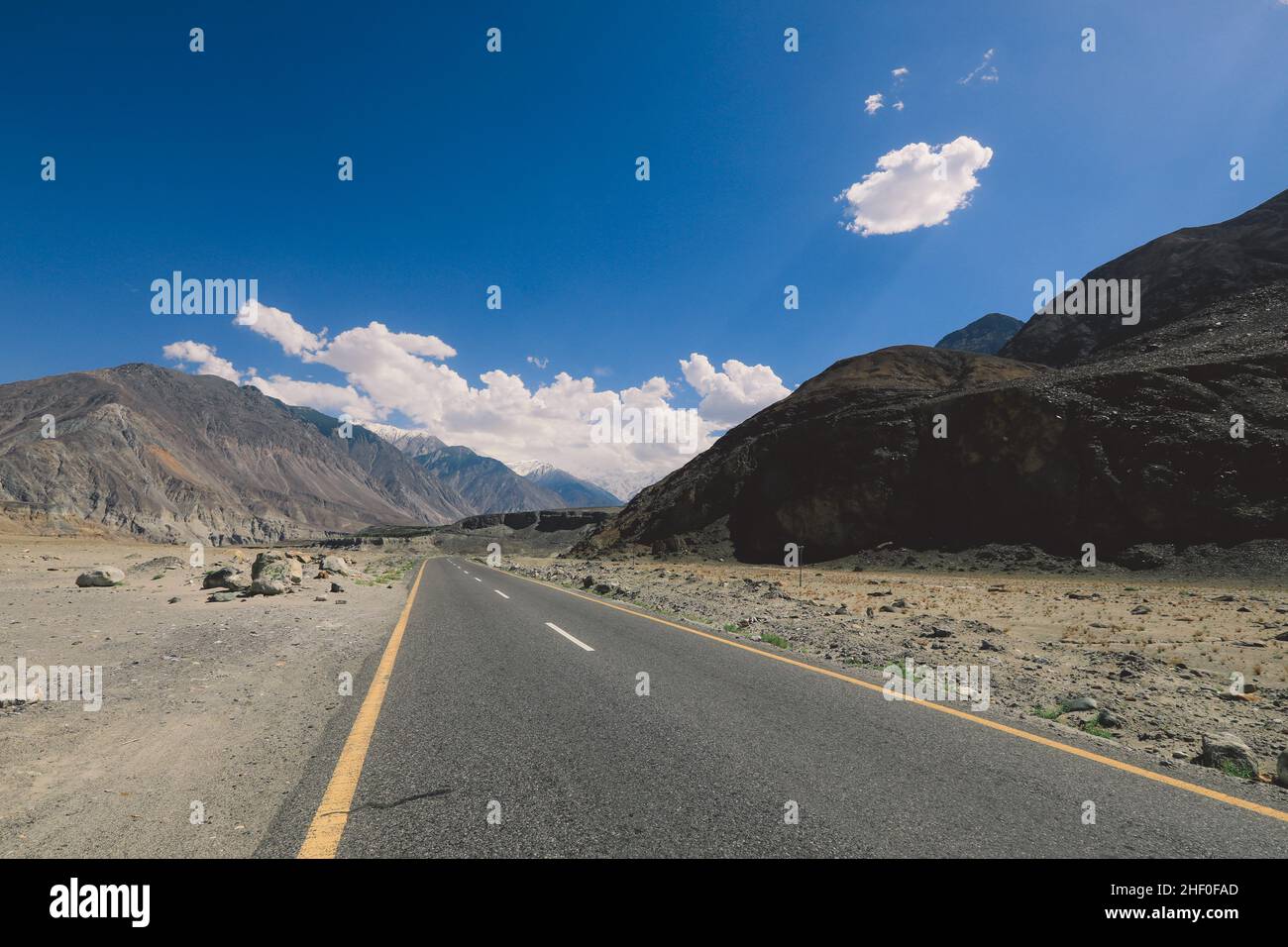 Asphalt Road in the High Gilgit Baltistan Mountains under the Blue ...