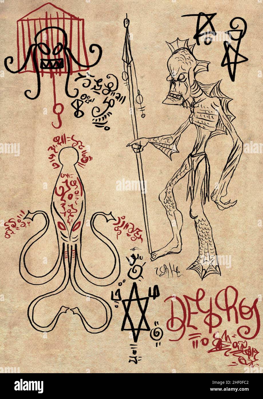 necronomicon like horror illustrated book page illustration Stock Photo ...