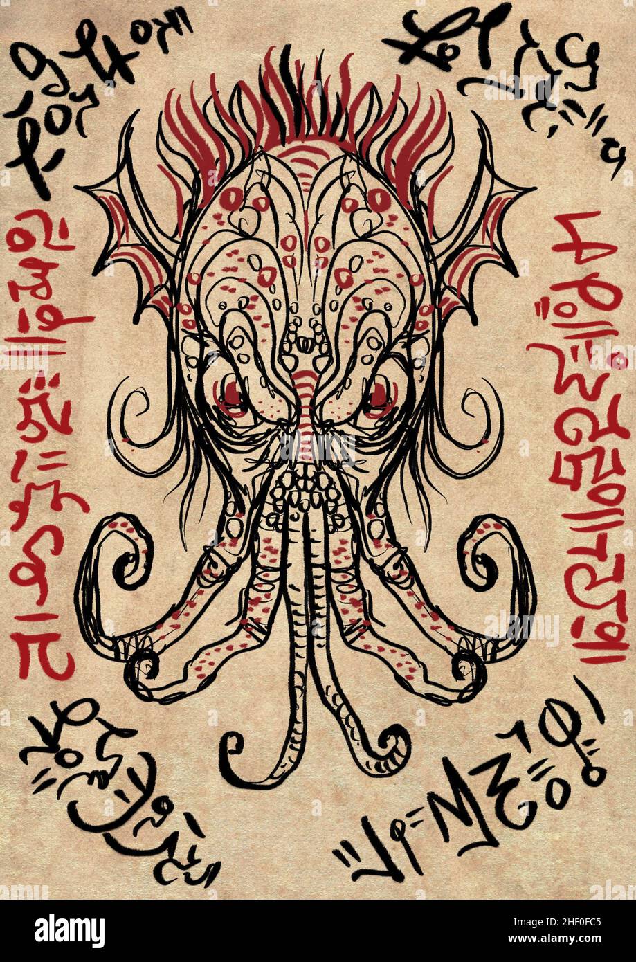 necronomicon like horror illustrated book page illustration Stock Photo ...