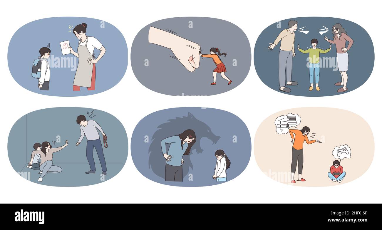 Set of parents show domestic violence towards small children. Bundle of ...