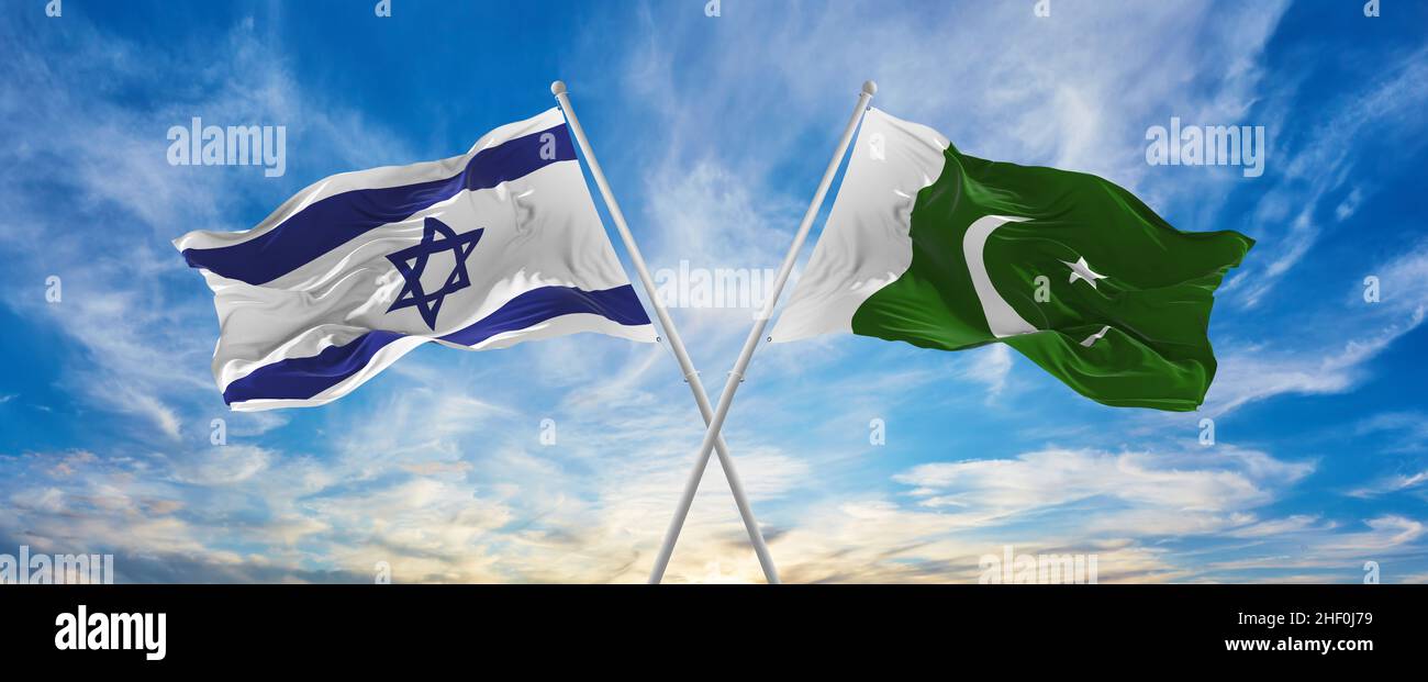 crossed national flags of Israel and Pakistan flag waving in the wind ...