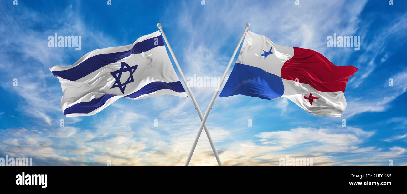 crossed national flags of Israel and Panama flag waving in the wind at ...