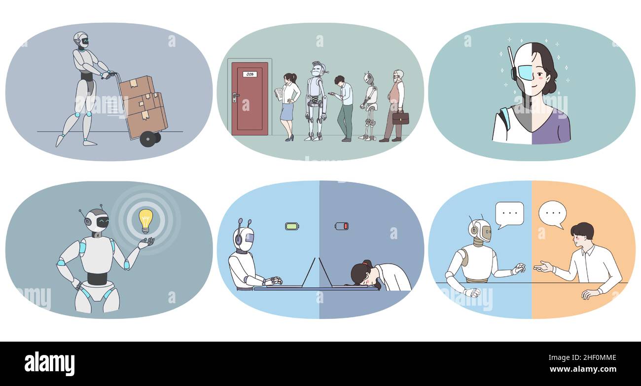 Set of robots in human world perform work for people. Collection of ...