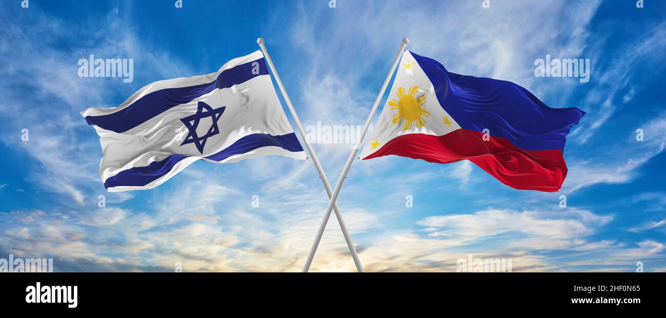 crossed national flags of Israel and Philippines flag waving in the ...