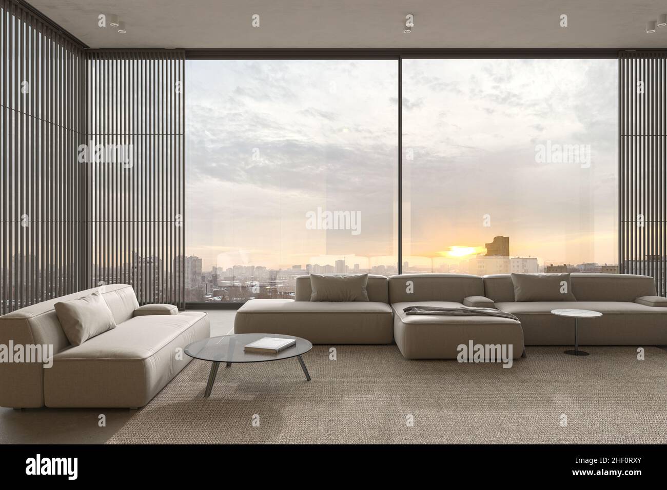 Minimalism interior design livingroom. Lighting and sunny modern ...