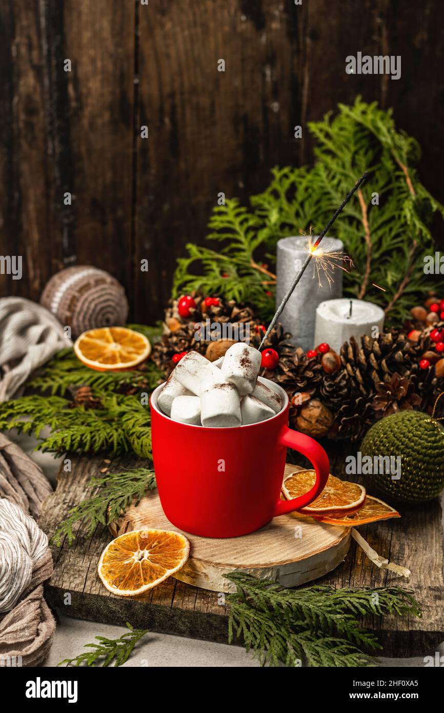 Hot cocoa or chocolate with marshmallows and sparklers. Christmas ...