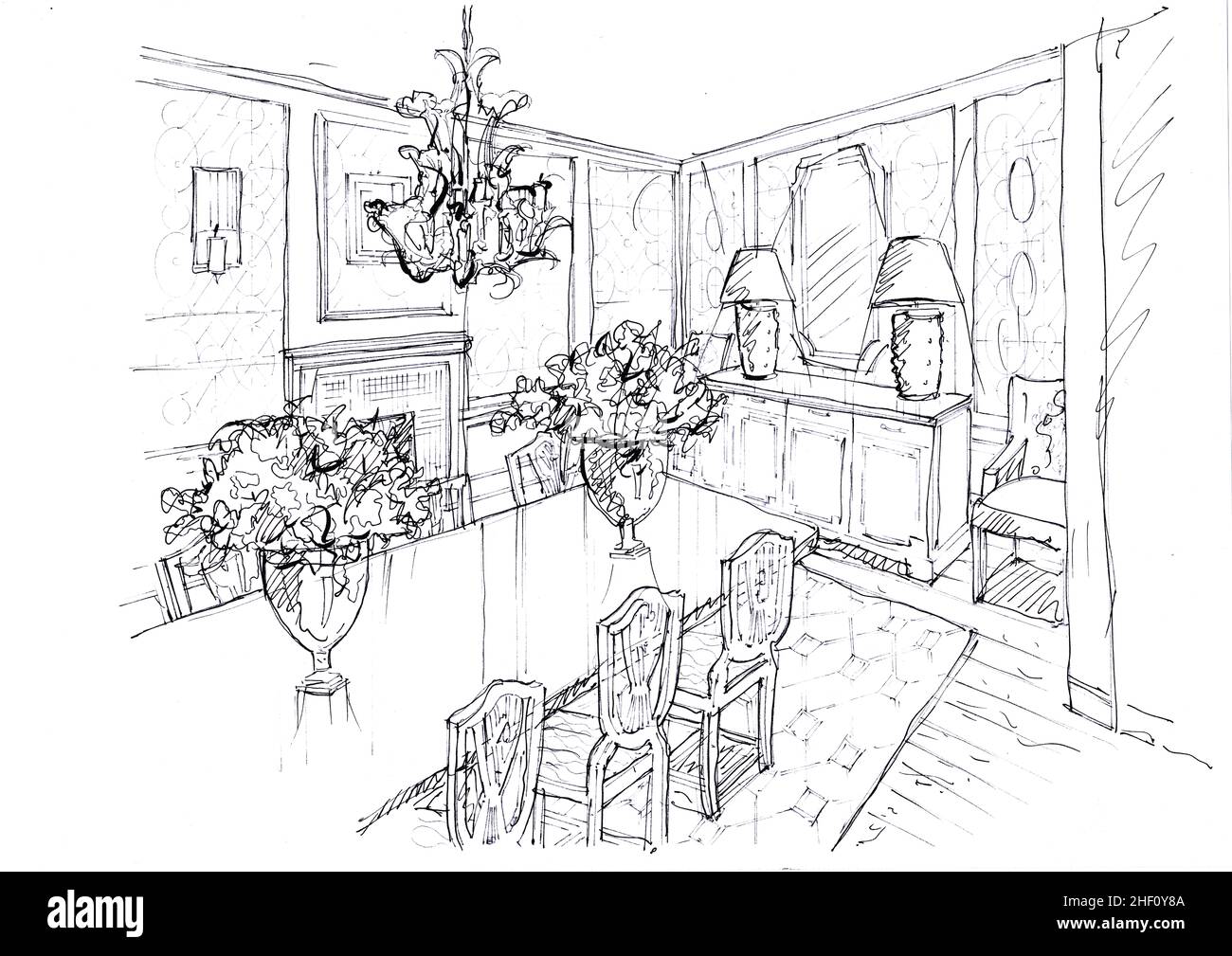 Sketch of a dining room furnished in a traditional style Stock Photo ...