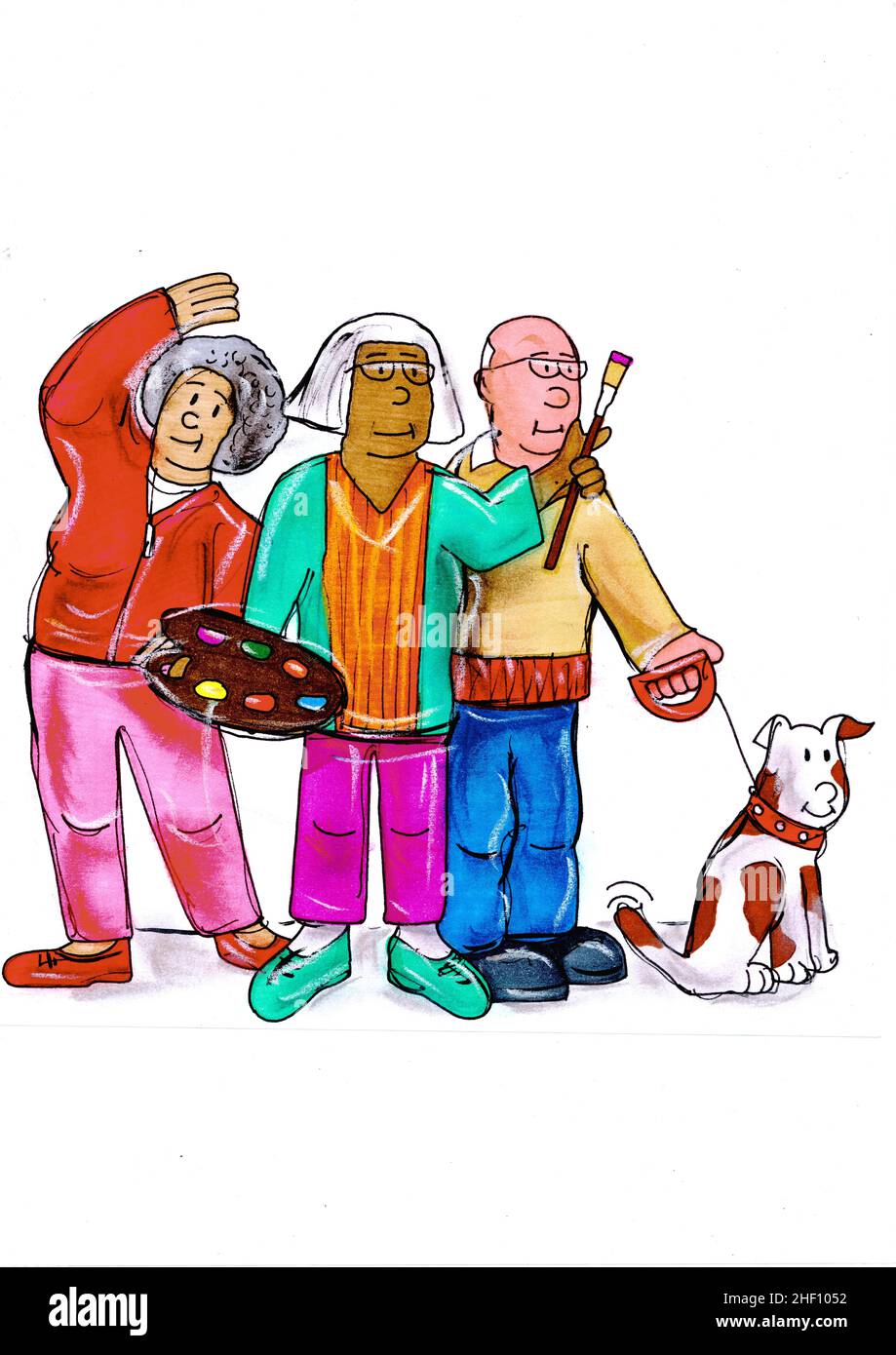 Cartoon of a group of elderly adults engaged in various activities on a ...