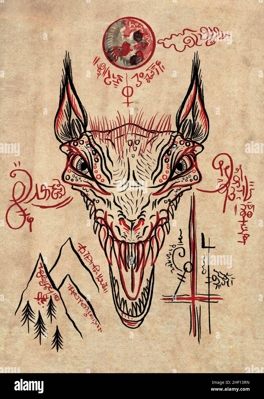 necronomicon like horror illustrated book page illustration Stock Photo ...
