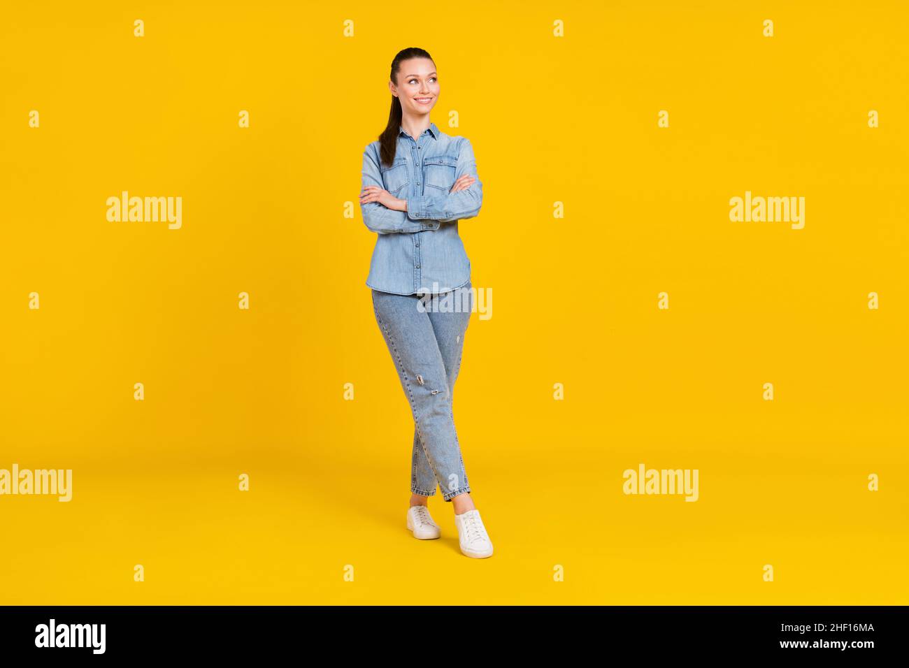 Full length body size view of attractive cheerful girl posing folded ...